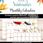 2025 Monthly Calendars for Bullet Journals or Binders, Watercolor ...