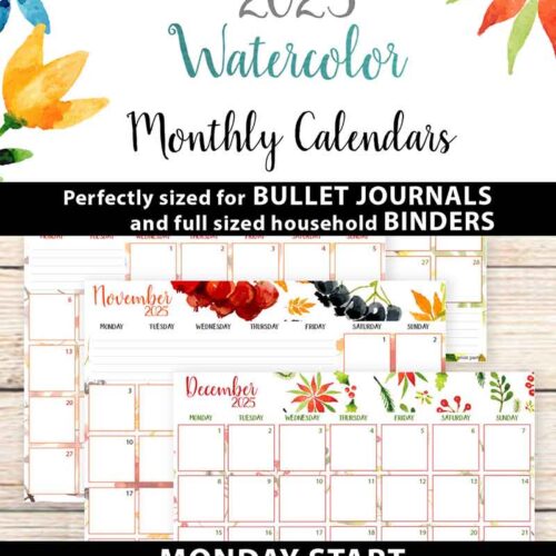 2025 Monthly Calendars for Bullet Journals or Binders, Watercolor ...