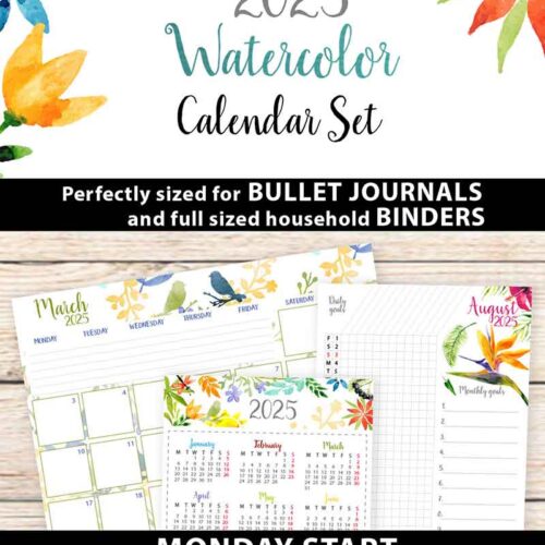 2025 Monthly Calendars for Bullet Journals or Binders, Watercolor ...