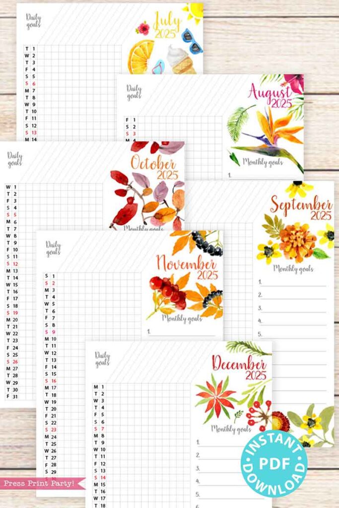 2025 Calendar Printable Set for Bullet Journals or Binders, Watercolor ...