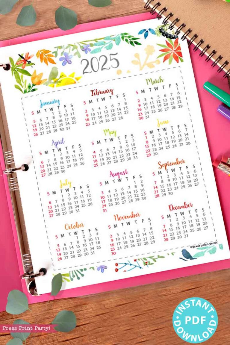 2025 Calendar Printable Set for Bullet Journals or Binders, Watercolor ...