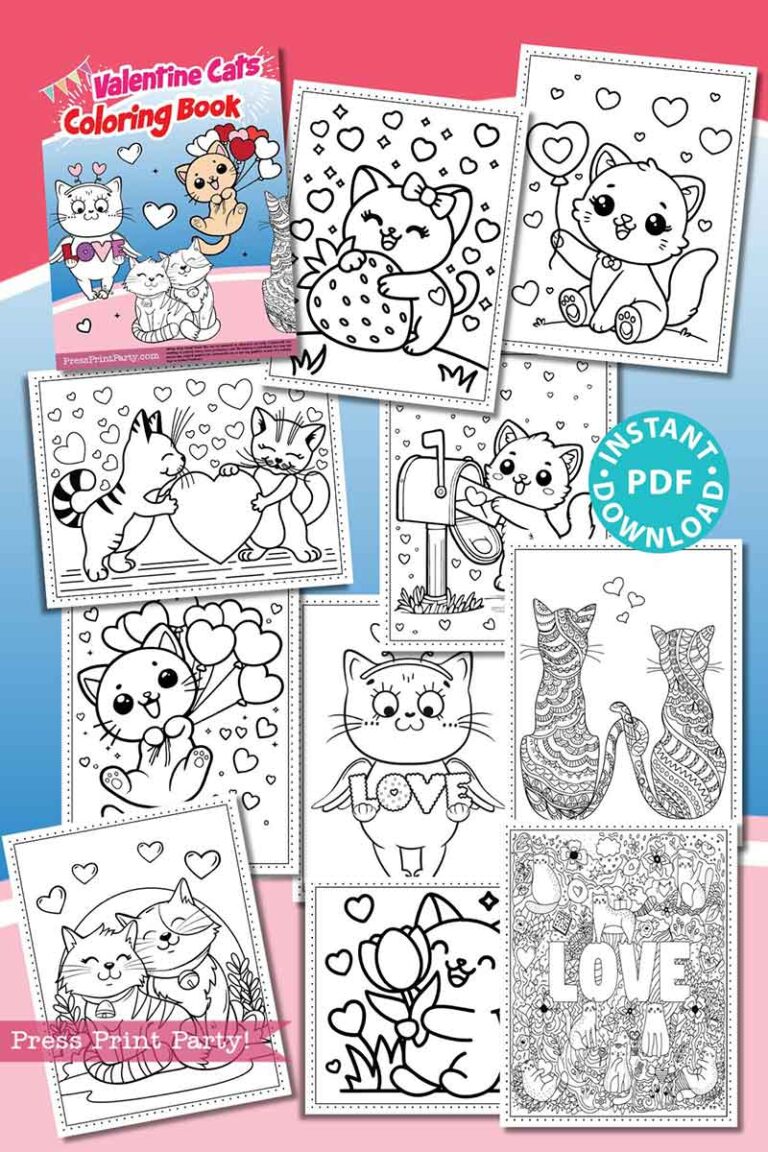 Valentine Cats Coloring Book 10 Printable Pages - Press Print Party!