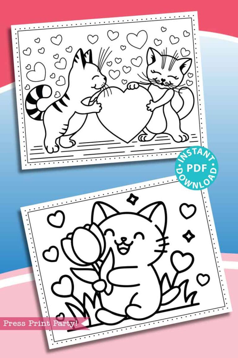 Valentine Cats Coloring Book 10 Printable Pages - Press Print Party!