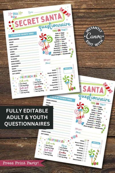 Secret Santa Printable Questionnaire Forms, Candy Theme Kit