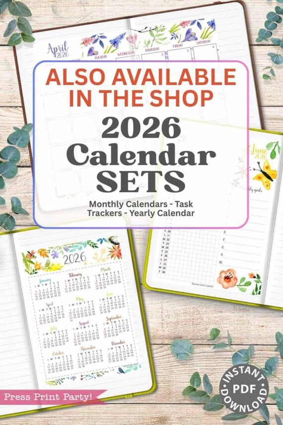 2026 Monthly Calendars, Watercolor Floral Design