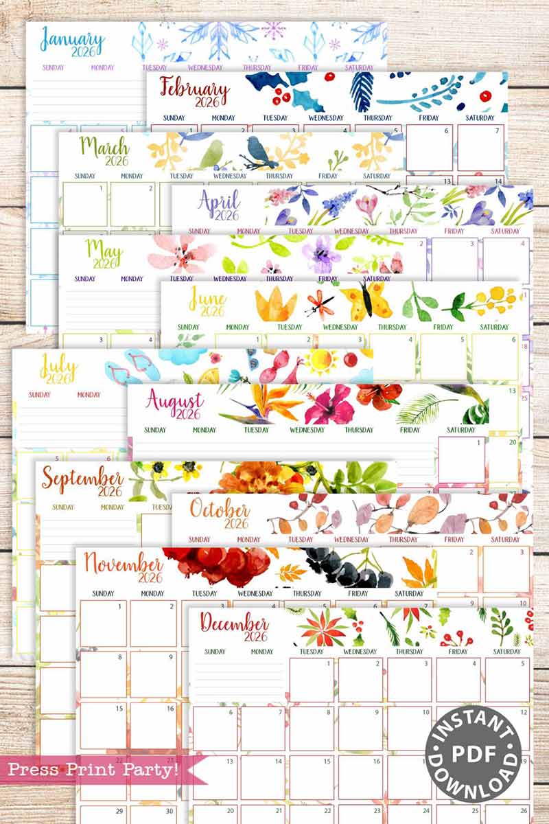 2026 Monthly Calendars, Watercolor Floral Design