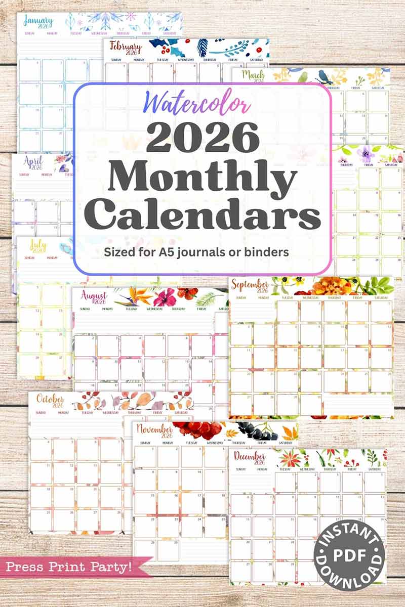 2026 Monthly Calendars, Watercolor Floral Design