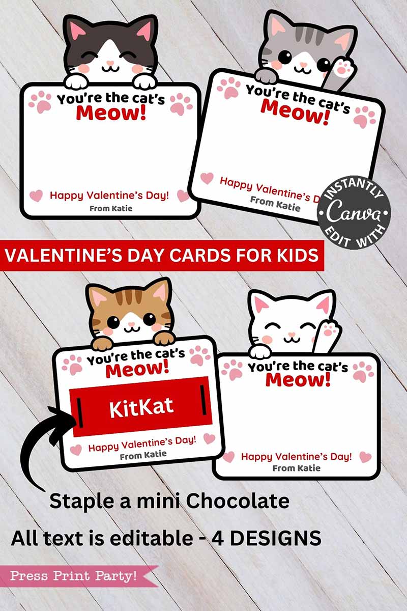 Cat Valentine Cards Printable for KitKat - Press Print Party!