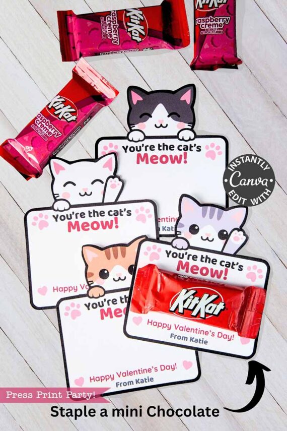 Cat Valentine Cards Printable for KitKat - Press Print Party!
