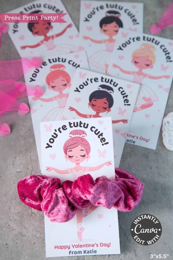 Ballerina Valentine Cards for Hair Scrunchie - Press Print Party!